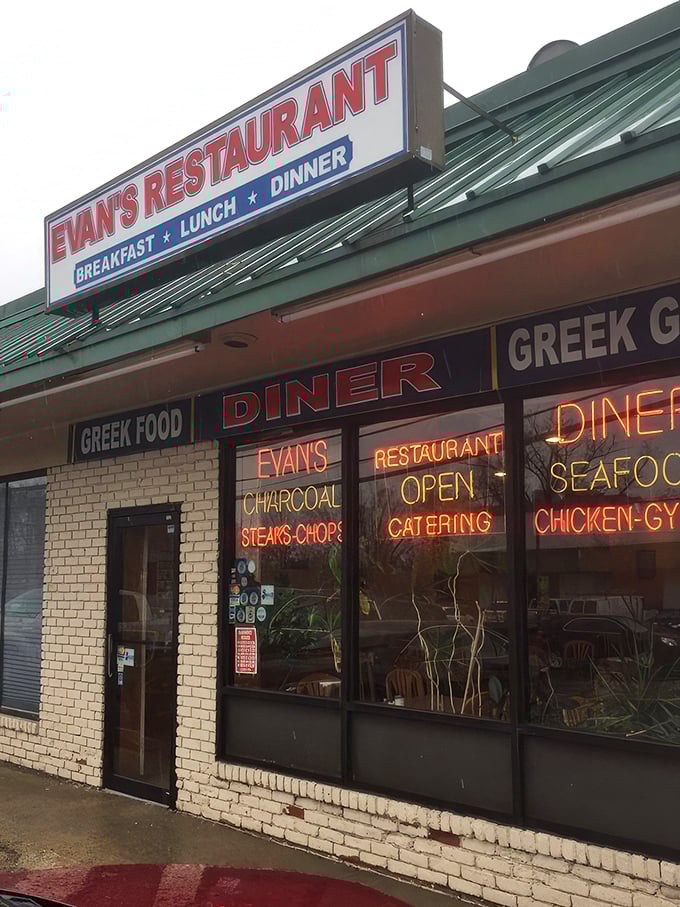 Evan's Restaurant neon signs: When the neon glows this bright, you know the coffee's strong and the hash browns are worth the trip.
