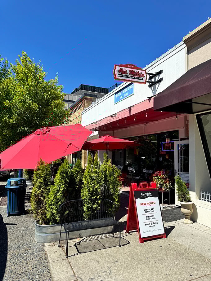Red awnings and outdoor seating make Fat Milo's the neighborhood spot you'll text friends about &ndash; "Meet me at Milo's, stat!"