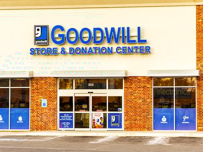 The blue Goodwill sign&mdash;like a North Star for thrifters navigating the sea of secondhand treasures waiting inside.