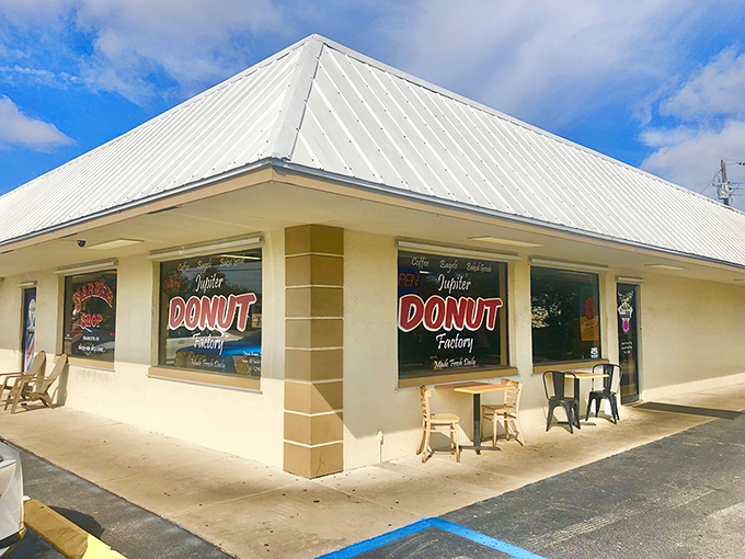 The turquoise chairs outside Jupiter Donut Factory invite you to sit and savor. Though let's be honest, these donuts rarely survive the walk outside.