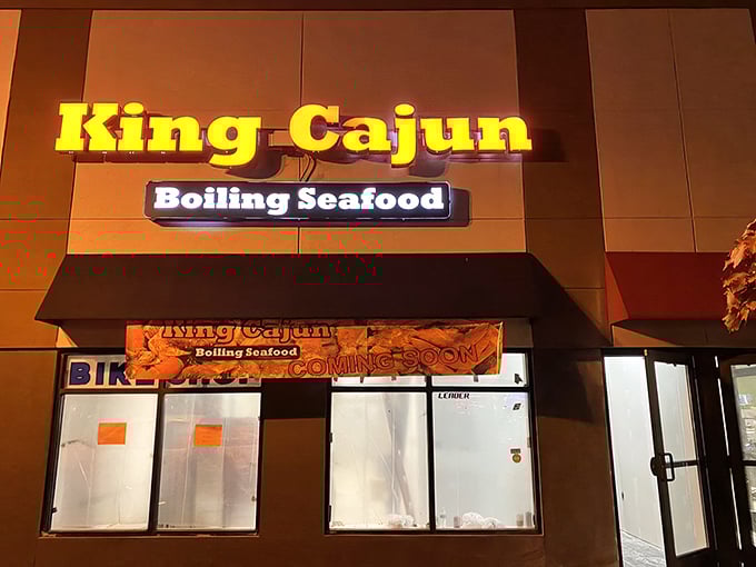 King Cajun at night: When the sun goes down, King Cajun lights up with promises of seafood boils that'll have you reaching for extra napkins.