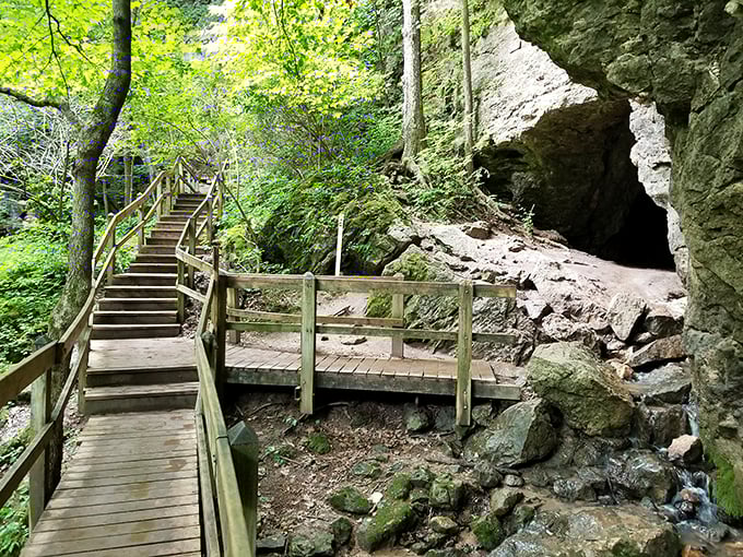 Stairway to adventure! These wooden steps at Maquoketa Caves lead to cool limestone chambers where imagination runs wild.