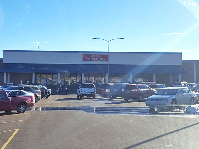 Winter bargains await behind these doors. Mile High Thrift's sprawling parking lot hints at the vast treasures hiding inside.