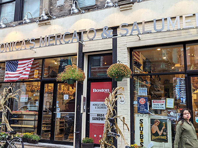 The window display at Monica's promises imported treasures within, like a delicatessen version of Ali Baba's cave &ndash; only with better prosciutto.