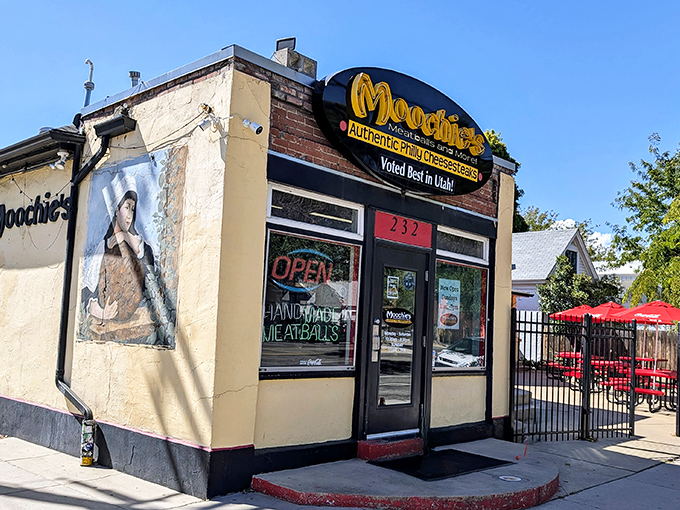 That "Handmade Meatballs" window sign isn't just advertising, it's a solemn vow that Moochie's takes more seriously than most wedding vows.