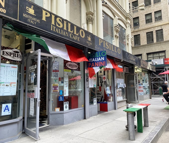 The Italian flag flutters proudly outside Pisillo, a silent promise that your taste buds are about to take a first-class trip to Milan.