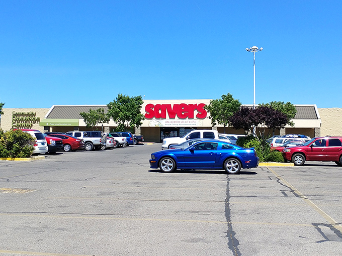 The bustling parking lot at Savers hints at the wonderland of possibilities waiting just beyond those sliding doors.
