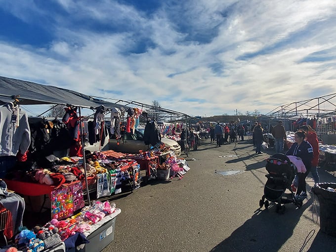 Urban treasure hunting at its finest! Canopies create a patchwork of shade while treasure-seekers navigate this vibrant outdoor bazaar.