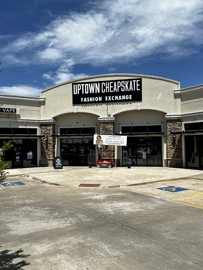 Fashion forward without breaking the bank! Uptown Cheapskate's sign beckons bargain hunters like a lighthouse guiding ships to designer shores.