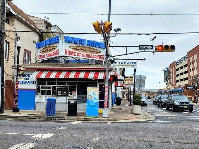 The iconic blue and white facade of White House Subs - where sandwich-making isn't just a job, it's a sacred Atlantic City tradition.
