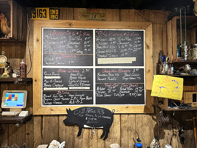 That chalkboard menu isn't just listing food&mdash;it's promising happiness. The pig silhouette at the bottom knows exactly what you're in for.