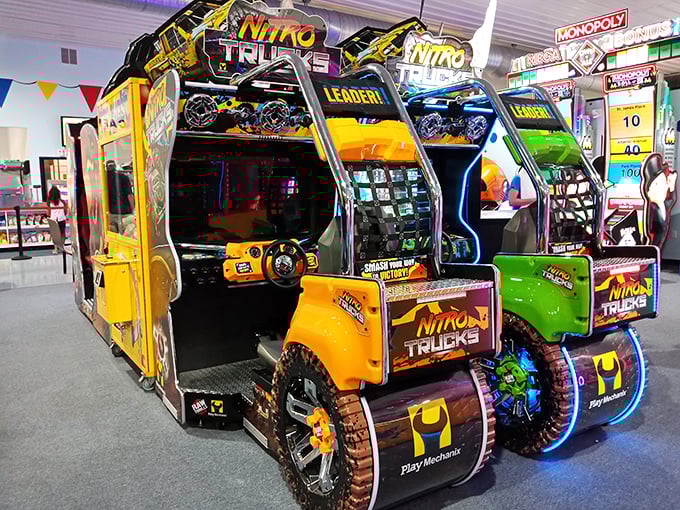 The arcade's Nitro Trucks games stand ready to transport you back to your quarters-hoarding youth. Modern gaming with that classic "just one more try" appeal.