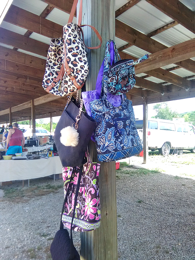 Handbag heaven! These colorful purses dangle like fashion fruit, ready to be plucked by someone who appreciates their second-chance glamour.