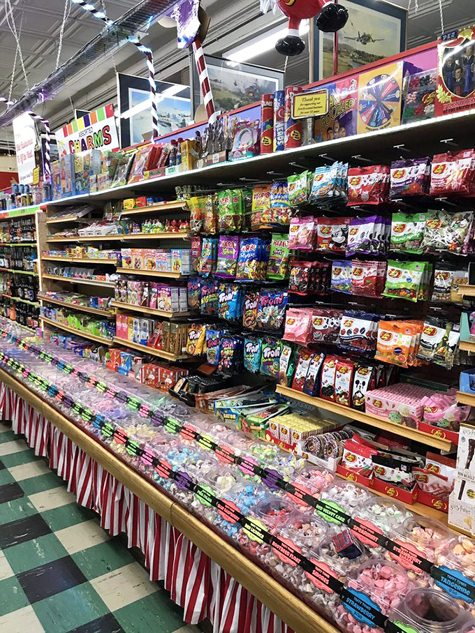 A candy lover's fever dream come true. Those red and white striped bins aren't just containers&mdash;they're portals to your childhood sweet tooth. 