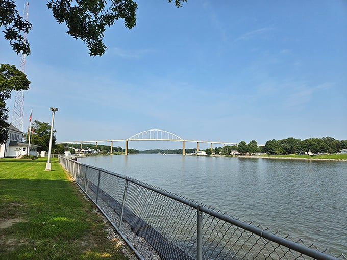 The Chesapeake and Delaware Canal Bridge arches gracefully over waters that have connected communities for centuries. Engineering marvel meets postcard-perfect vista.