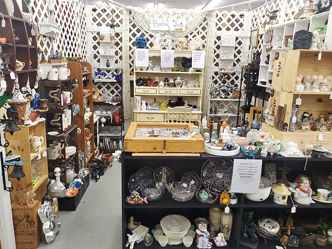 A lattice-framed wonderland of porcelain memories where your grandmother's favorite teacup might be hiding among the carefully arranged treasures.