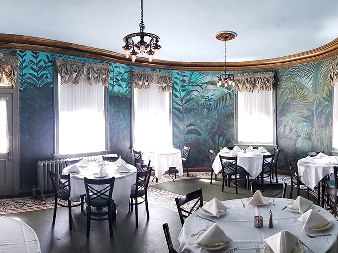 The Tropical Room's hand-painted jungle murals transport diners to another world. Apparently the Lemps wanted exotic escapes long before Caribbean cruises were a thing.