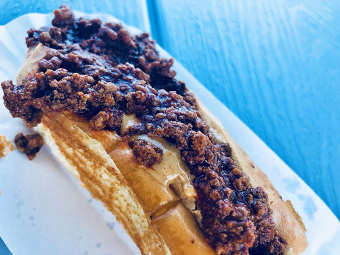 Meet the legend itself: Fredgie's Original hot dog where peanut butter, spicy mustard, and chili create an unholy trinity of deliciousness.