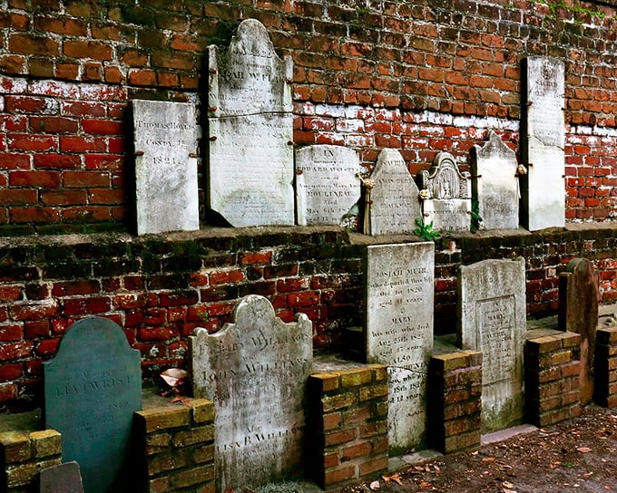 These weathered headstones mounted on brick walls tell silent stories of Savannah's earliest residents&mdash;history literally built into the landscape.
