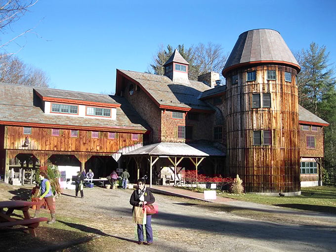 This rustic wooden structure showcases New Hampshire's architectural heritage. Like a Lincoln Log set designed by Frank Lloyd Wright, it blends perfectly with its natural surroundings.