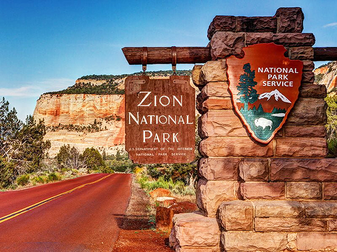 The iconic Zion National Park entrance sign&mdash;where countless road trips reach their climax and Instagram feeds get an instant upgrade.