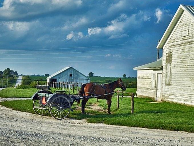 This modern red building seems slightly out of place in Amish country – like showing up to a horse race in a Tesla.