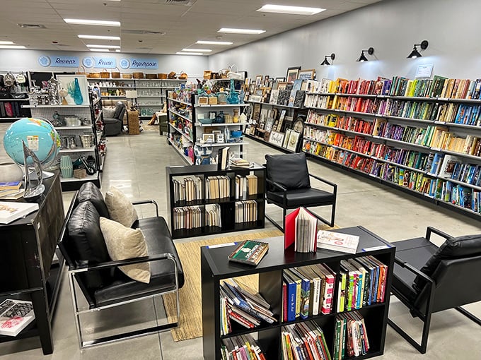 The book section isn't just shelves &ndash; it's a literary sanctuary complete with comfy chairs where bibliophiles can preview potential treasures. 