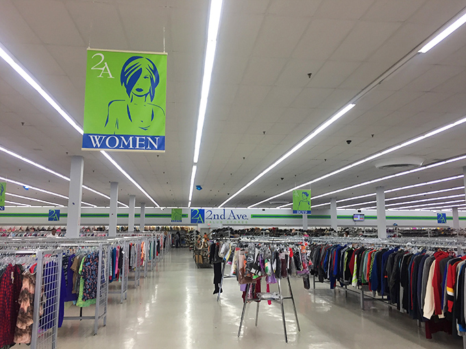 Wide, bright aisles that defy the cramped, musty stereotype of thrift stores—this women's section alone could swallow your neighborhood boutique whole.