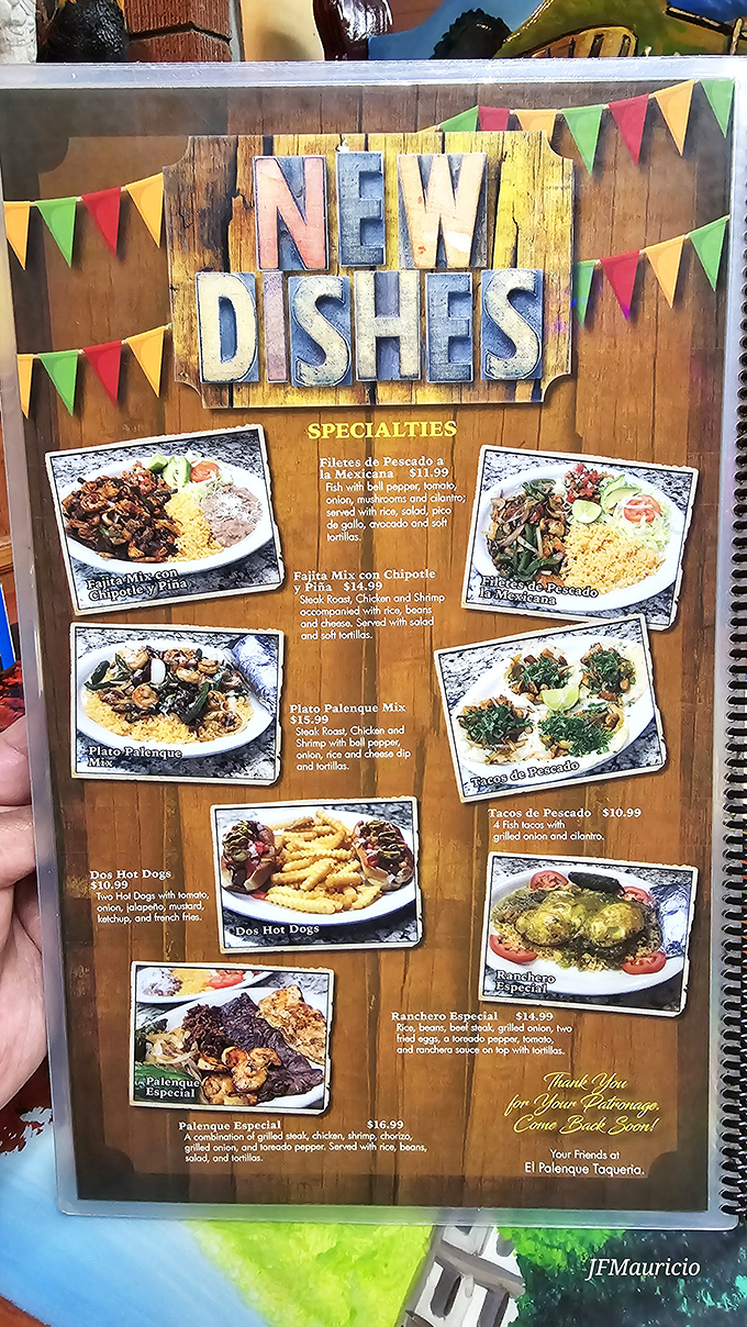 The "New Dishes" menu page reveals El Palenque's creative side. Like finding hidden treasure in your abuela's recipe box!