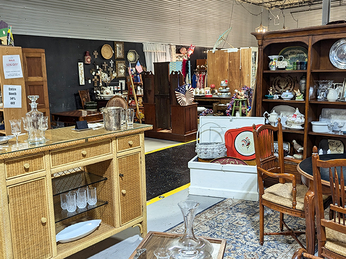 Crystal clear memories await in this elegant display where vintage glassware catches the light—and the imagination—of collectors and casual browsers alike.