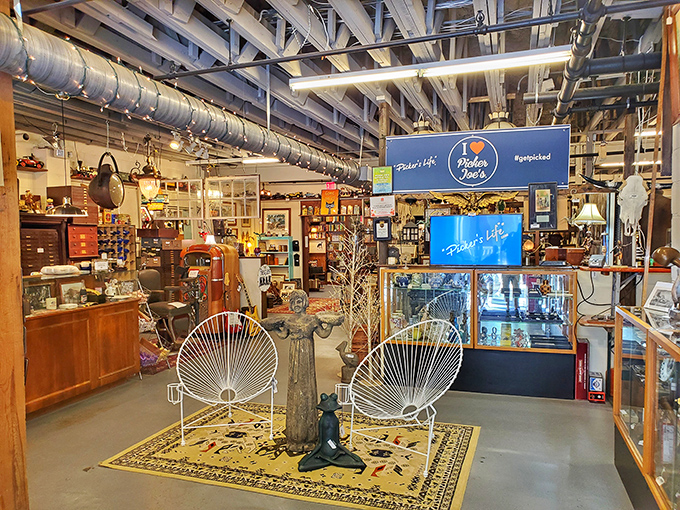 Industrial chic meets treasure hunt paradise. The exposed ceiling creates an airy canvas for the carefully curated chaos below.