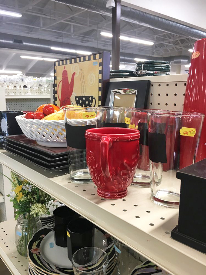 A symphony in red and glass awaits in the kitchenware section, where yesterday's treasures become tomorrow's conversation pieces at your dinner table.