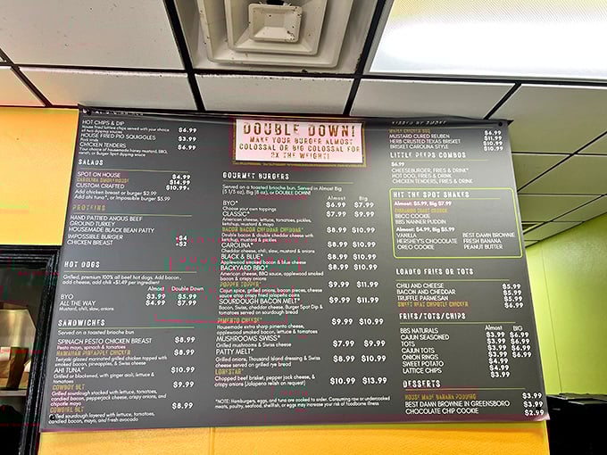 The menu board is like a treasure map for the hungry. Each line represents a different path to satisfaction, with the "Double Down" challenge beckoning to the brave.