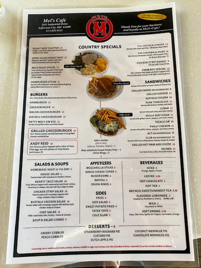 Menu decisions become life choices at Mel's—note the "Andy Reid" sandwich, perfect for gameday-sized appetites.