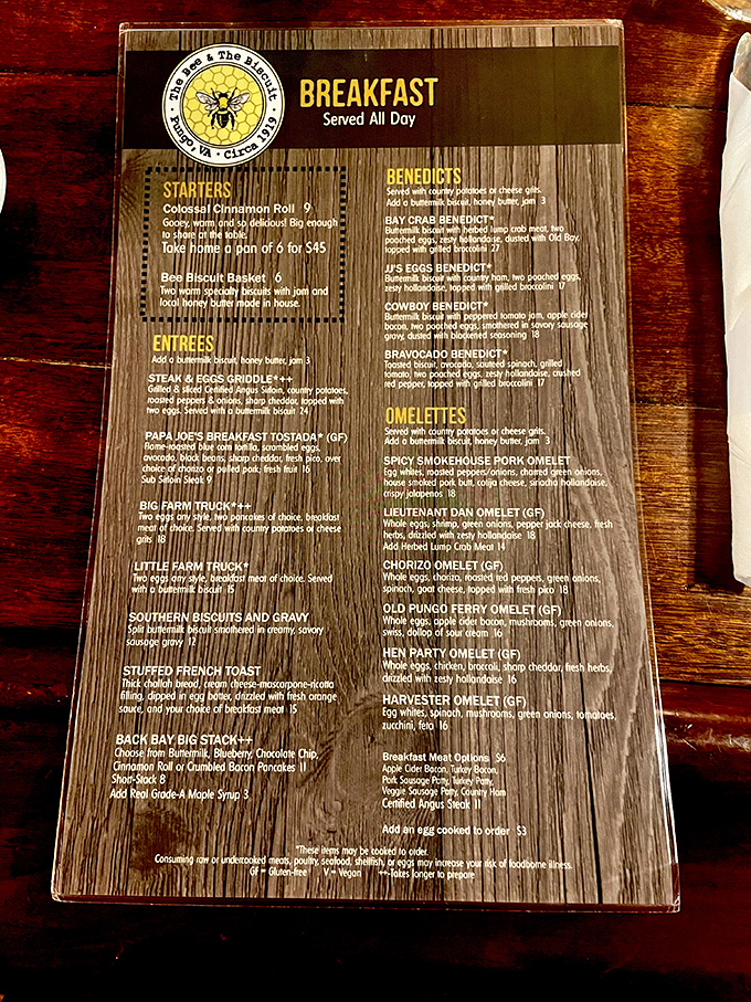 A menu that reads like breakfast poetry. When "Stuffed French Toast" and "Bay Crab Benedict" share the same page, decision anxiety becomes real.