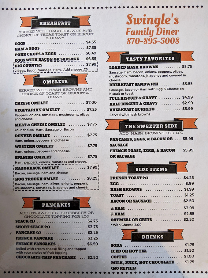 This menu isn't just a list of options&mdash;it's a roadmap to happiness. The Razorback Omelet alone could unite a politically divided family.