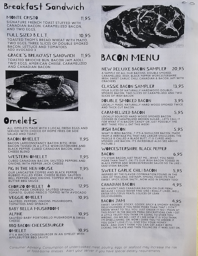 Not just a menu&mdash;a bacon manifesto. Gracie's doesn't just serve breakfast; they've elevated pork to an art form worthy of its own dedicated section. 