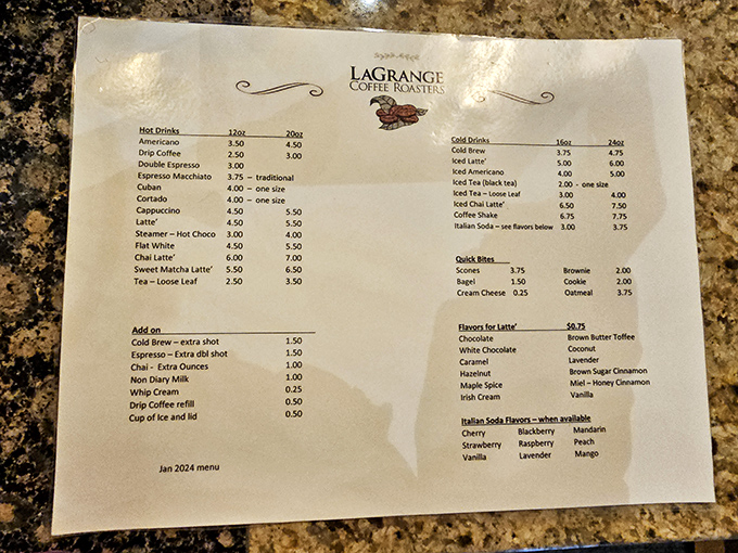 This menu isn't just a list of drinks&mdash;it's a roadmap to happiness with options from simple Americanos to indulgent Maple Spice lattes.