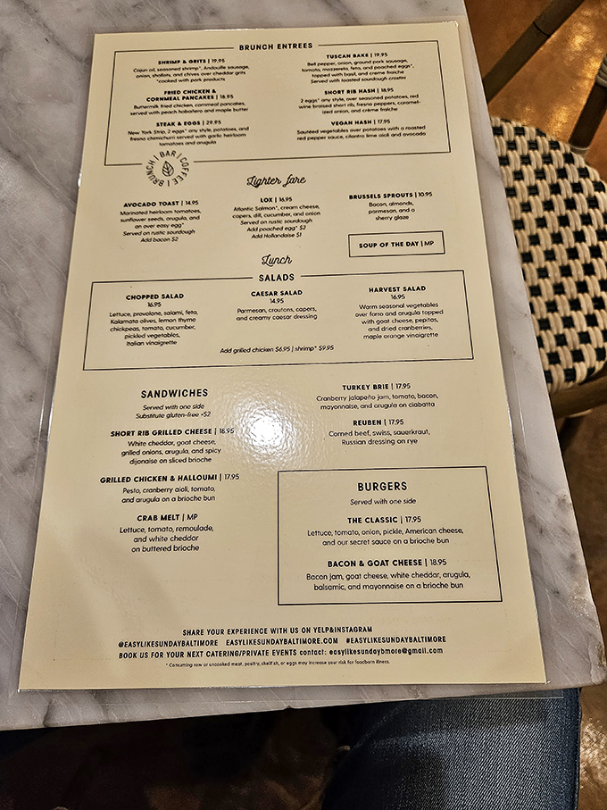 A menu that reads like a love letter to brunch classics, with each description teasing flavors worth setting an alarm for.
