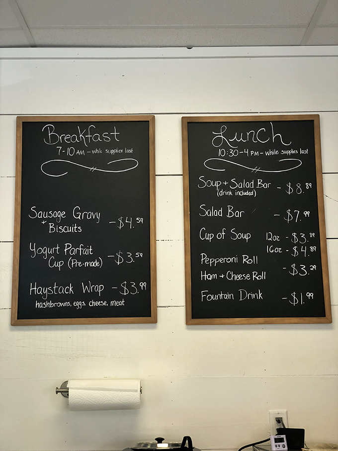 Chalkboard menus: where dreams and reality meet. Sausage gravy biscuits at breakfast, pepperoni rolls at lunch&mdash;mountain fuel for any adventure.