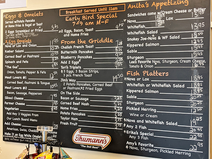 This menu board tells the real story - Nova lox, whitefish, pastrami, and corned beef. A taste of Jewish deli heaven in the Carolina sunshine.