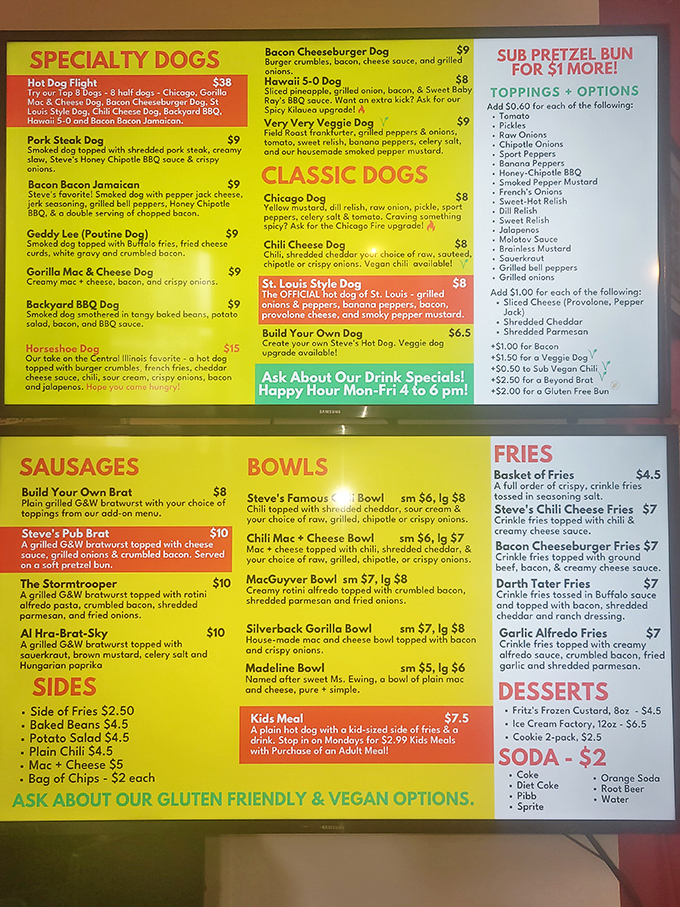 This menu isn't just a list&mdash;it's a roadmap to happiness. The Geddy Lee proves even Canadians know a good dog when they see one.