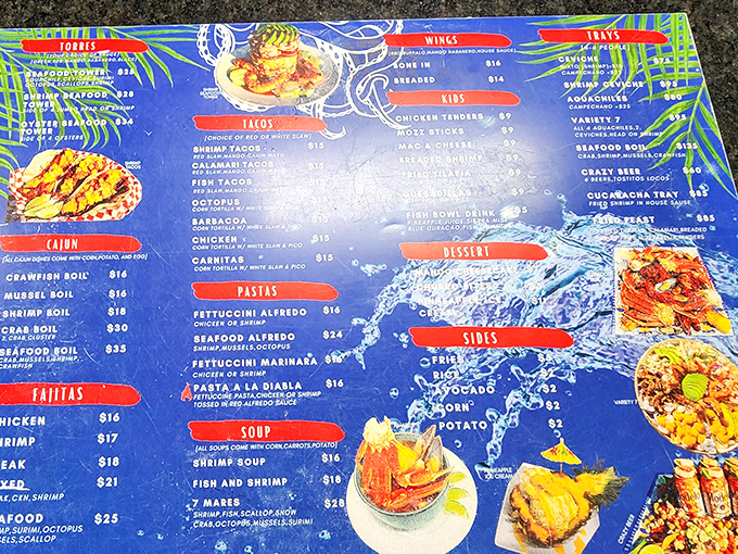 This menu is like a treasure map for seafood lovers. Each colorful section promises delicious adventures from tacos to whole fish preparations.