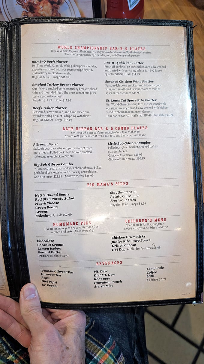 A menu that reads like poetry to meat lovers. Each description promises hickory-smoked perfection that's been perfected over decades.