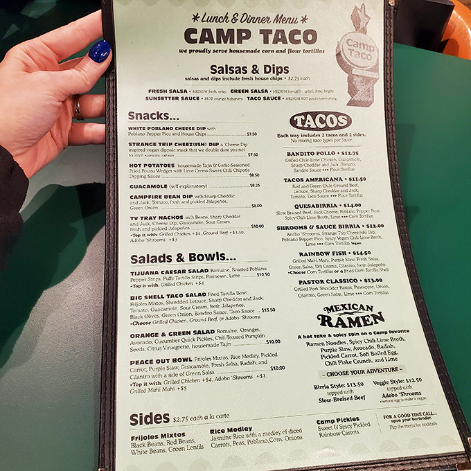 This menu isn't just a list&mdash;it's a roadmap to flavor paradise. Each section promises a different adventure, from Rainbow Fish tacos to Mexican Ramen.
