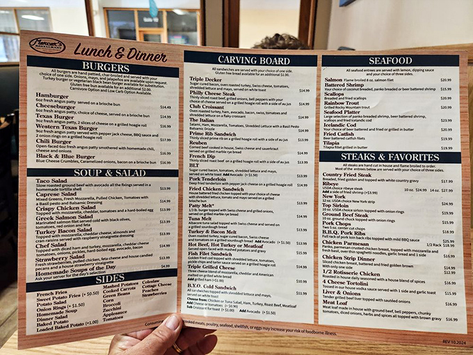 The menu at Mercer's reads like a love letter to American classics &ndash; steaks, seafood, and sandwiches that promise satisfaction without unnecessary culinary gymnastics.