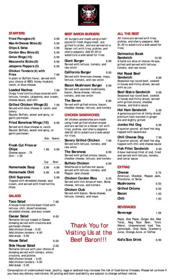 A menu that doesn't need fancy fonts or flowery descriptions&mdash;just the straightforward promise of meat done right. The Baron knows his priorities.