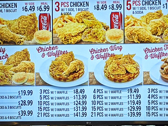 The menu board reads like poetry to chicken lovers &ndash; a mathematical equation where more pieces plus more waffles equals exponentially increasing happiness.