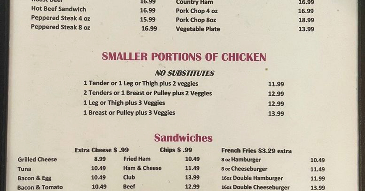 "NO SUBSTITUTES" declares the menu with well-earned confidence. When you've perfected chicken this good, you make the rules.