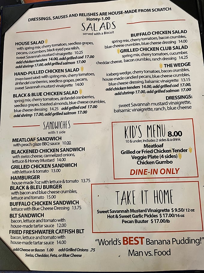 A menu that reads like poetry to hungry souls. Notice the bold claim about the banana pudding? Spoiler alert: they're not exaggerating.